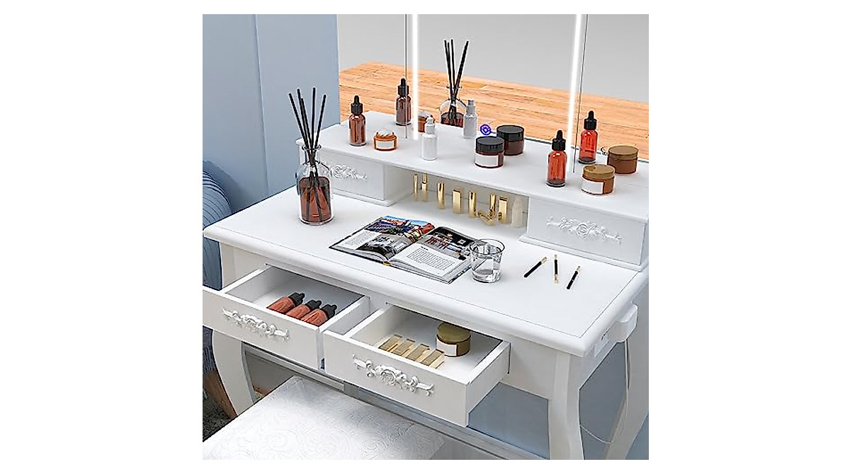 JIFULI Lighted Vanity Table Set with 4 Drawers
