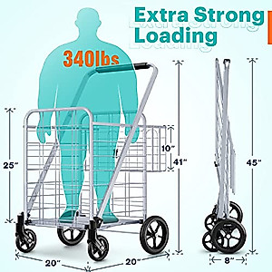 Shopping Cart, Jumbo Double Basket Grocery Cart 340 lbs Capacity Folding Shopping Cart with 360° Rolling Swivel Wheels Super Loading Utility Shopping Cart for Laundry, Shopping, Grocery, Luggage