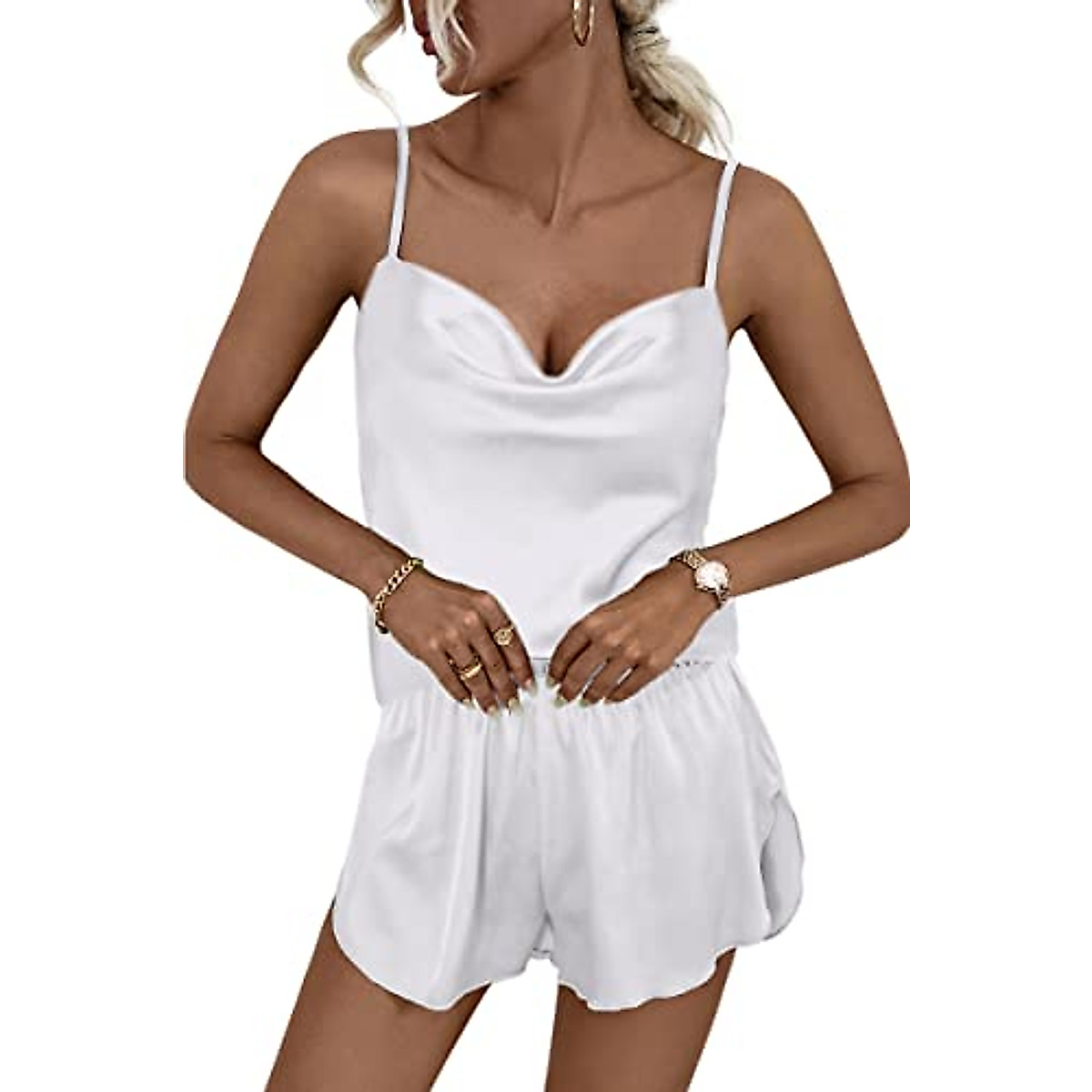 CHYRII White Pajamas for Women Sexy Silk Satin Cowl Neck Cami Shorts PJ Sets Lingerie Nightwear L