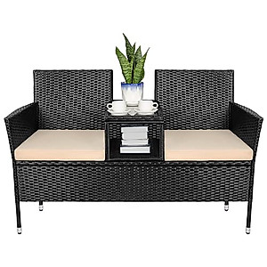 Tuoze Outdoor Patio Loveseats, Wicker Conversation Furniture Sets with Coffee Table for Garden Lawn Polish Backyard and Bistro (Beige)