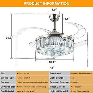 Crystal Chandelier Ceiling Fan with LED Light and Remote Control, 42" Modern Retractable Blade Ceiling Fans Light, 3 Lights Color and 6 Speeds, Perfect for Living Room, Bedroom (Crystal Silver)