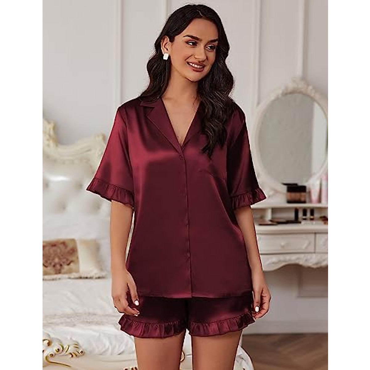 Ekouaer Plus Size Silk Pjs Women's Soft Satin Pajama Set Summer Short Nightwear Bridesmaid Pajamas Wine Red,XXL