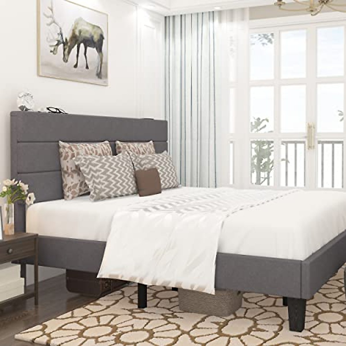 Benevika King Size Upholstered Platform Bed Frame with Linen Fabric Simple Style Headboard and Wooden Slats Support, Upholstered Mattress Foundation, No Box Spring Needed, Easy Assembly, Grey