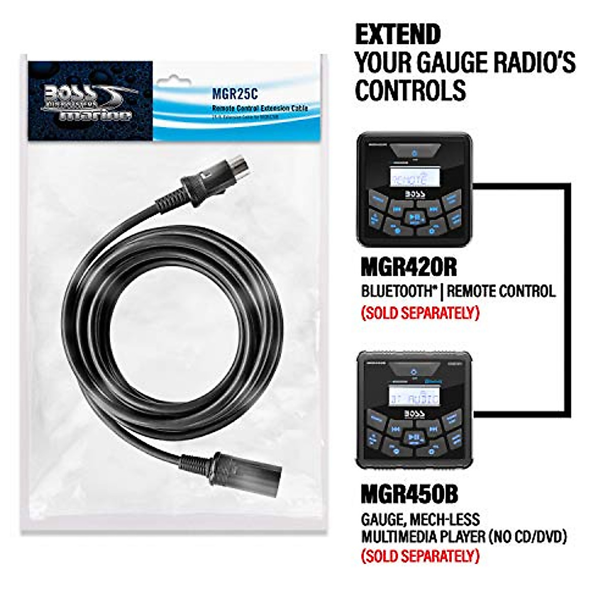 BOSS Audio Systems MGR25C - Optional 25 Foot Extension Wired Remote Control Cable Compatible with MGR420R Remote Control - Sold Separately, Black