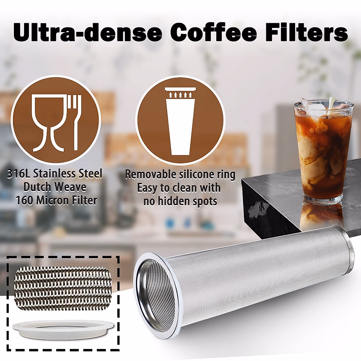 Cold Brew Coffee Maker Pitcher - 64oz Iced Coffee Maker with Stainless Steel Mixing Spoon & Super Dense Filter 3 Steps Finish, Classic BPA Free Sturdy Mason jar Pitcher with Gray Lid Easy to Clean