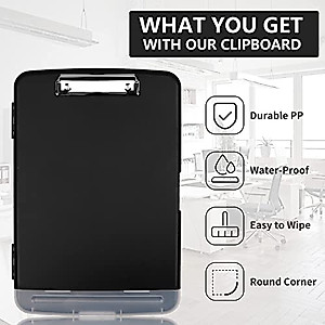 Clipboard with Storage, A4 Binder Clipboards with Pen Holder,Heavy Duty Plastic Storage Clipboard with Low Profile Clip,Nursing Clipboard Folder Side-Opening,Smooth Writing Clip Board for Office-Black