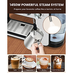 Teglu Espresso Machine 20 Bar with Milk Frother, Semi-Automatic Latte & Cappuccino Coffee Maker Duo-cup 33oz/1L Removable Water Tank for Home/Office, 1450W, ST-693B, Stainless Steel-Black