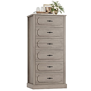 FINETONES 6 Drawer Grey Dresser, 51" Tall Dresser Wood Dresser Chest of Drawers with Large Storage Space, 6 Drawer Dresser Tall Floor Storage Cabinet for Home Office, Ash Grey
