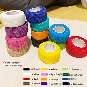 (12-Pack) 1” x 5 Yards | Self Adhesive Bandage Wrap, Kuvvfe Athletic Elastic Cohesive Bandage for Sports Injury,Strain,Knee & Wrist,Ankle Sprains & Swelling First Aid