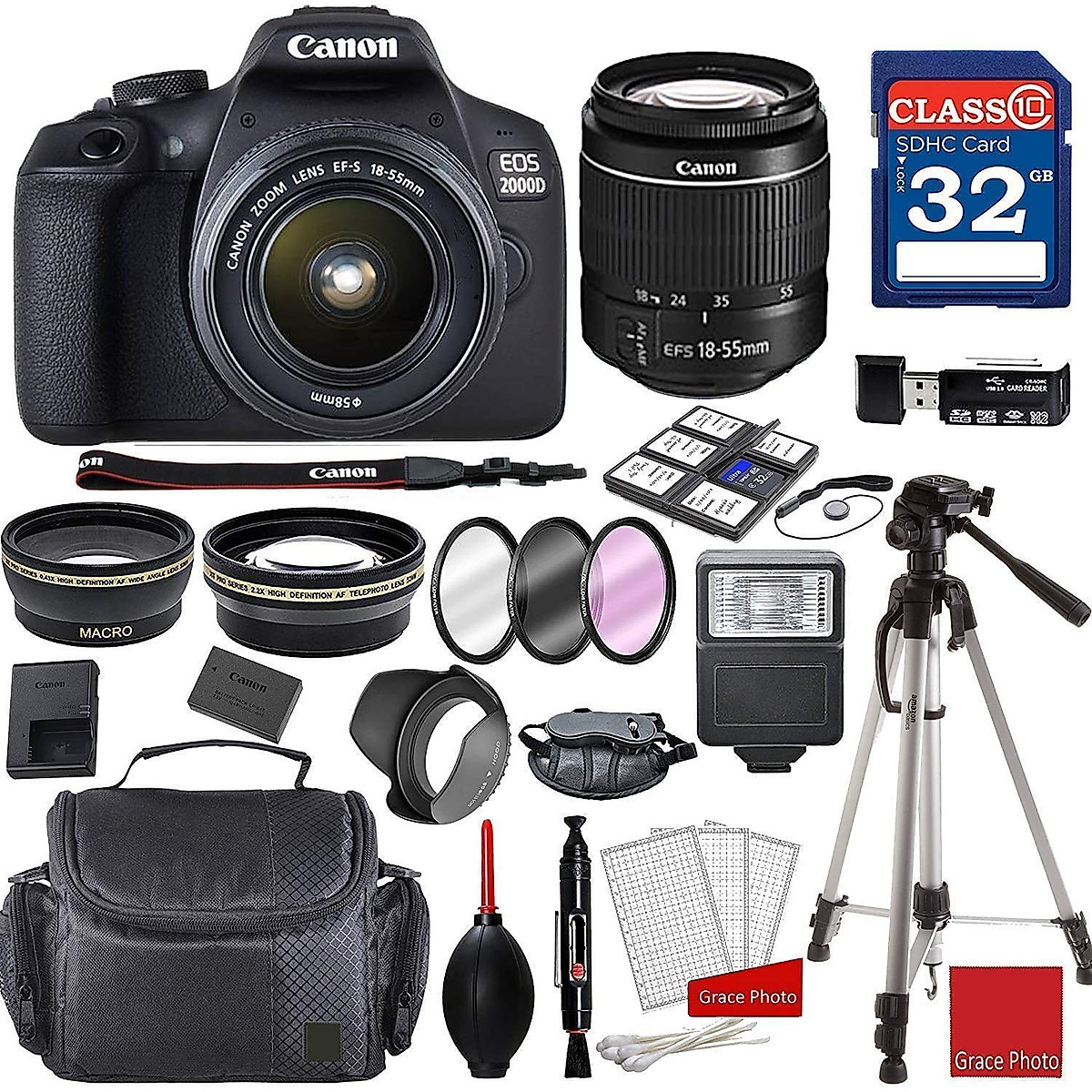 Canon EOS 2000D Rebel T7 Kit with EF-S 18-55mm f/3.5-5.6 III Lens + Professional Accessory Bundle