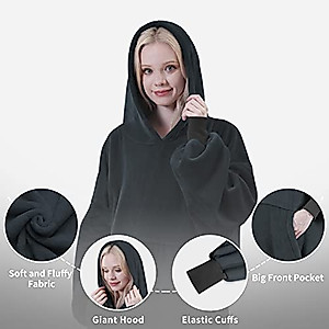 Easy-Going Oversized Wearable Blankets Hoodie for Women and Men, Super Soft and Warm Extra Long Flannel Hoodie Blanket Sweatshirt Sweater with Front Pocket and Sleeves, One Size Fits All, Dark Gray