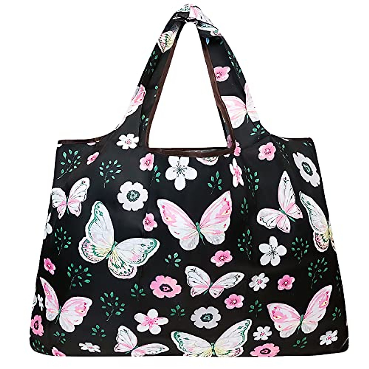 allydrew Large Foldable Tote Nylon Reusable Grocery Bags, Midnight Butterfly