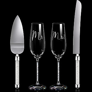 Boao 4 Piece Wedding Toasting Flutes and Cake Server Set Wedding Reception Supplies Champagne Glasses Cake Knife Pie Server (White Diamond, Simple)