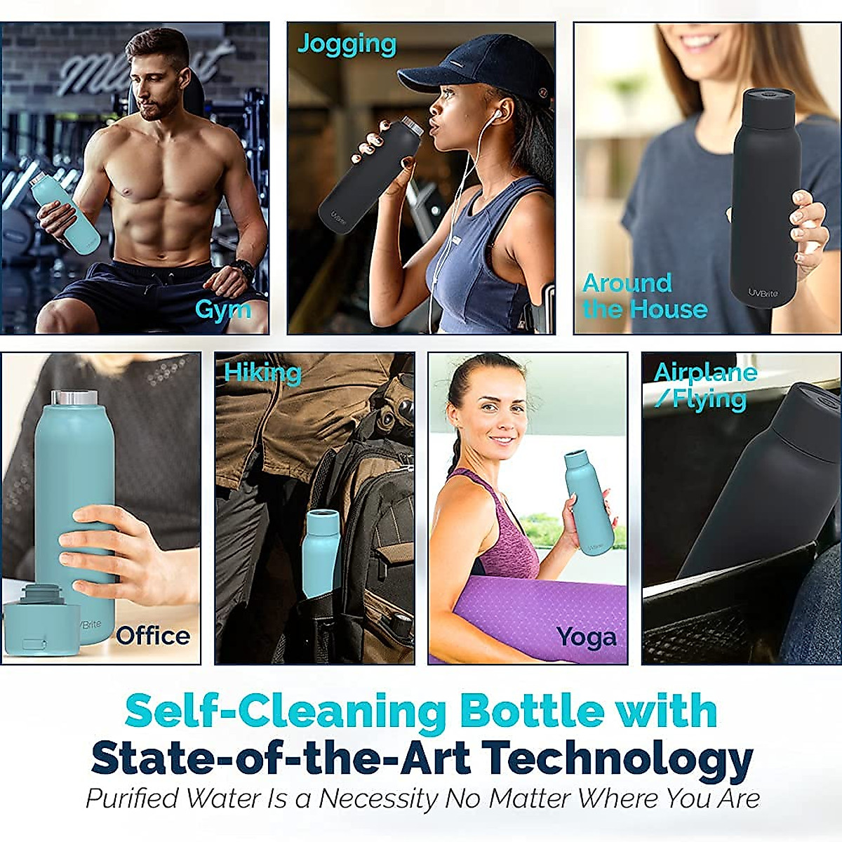 UVBRITE Go Self-Cleaning UV Water Bottle - 18.6 oz Insulated Stainless-Steel Rechargeable & Reusable Purifying Bottle - Sterilization & Travel-Friendly - BPA Free - Leakproof with Safety Lock (Cyan)