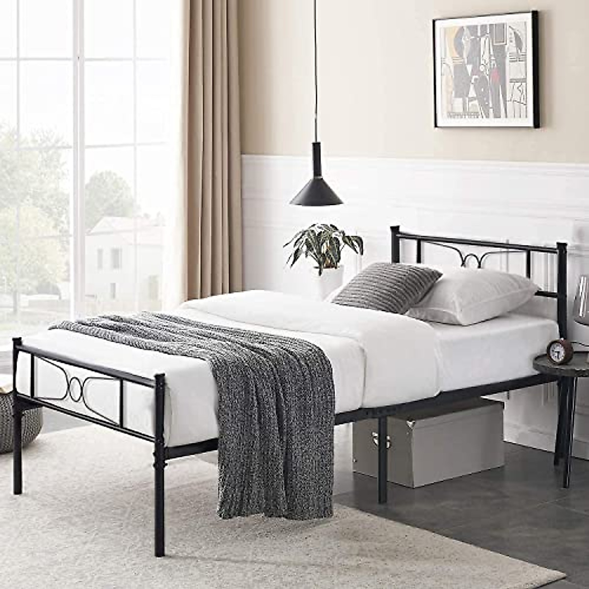 Metal Twin Bed Frames with Headboard for Boys Girls Adults Twin/Single Size Bed Frame No Box Spring Needed - Platform Beds Mattress Foundation with Storage for Student Teenager-Black