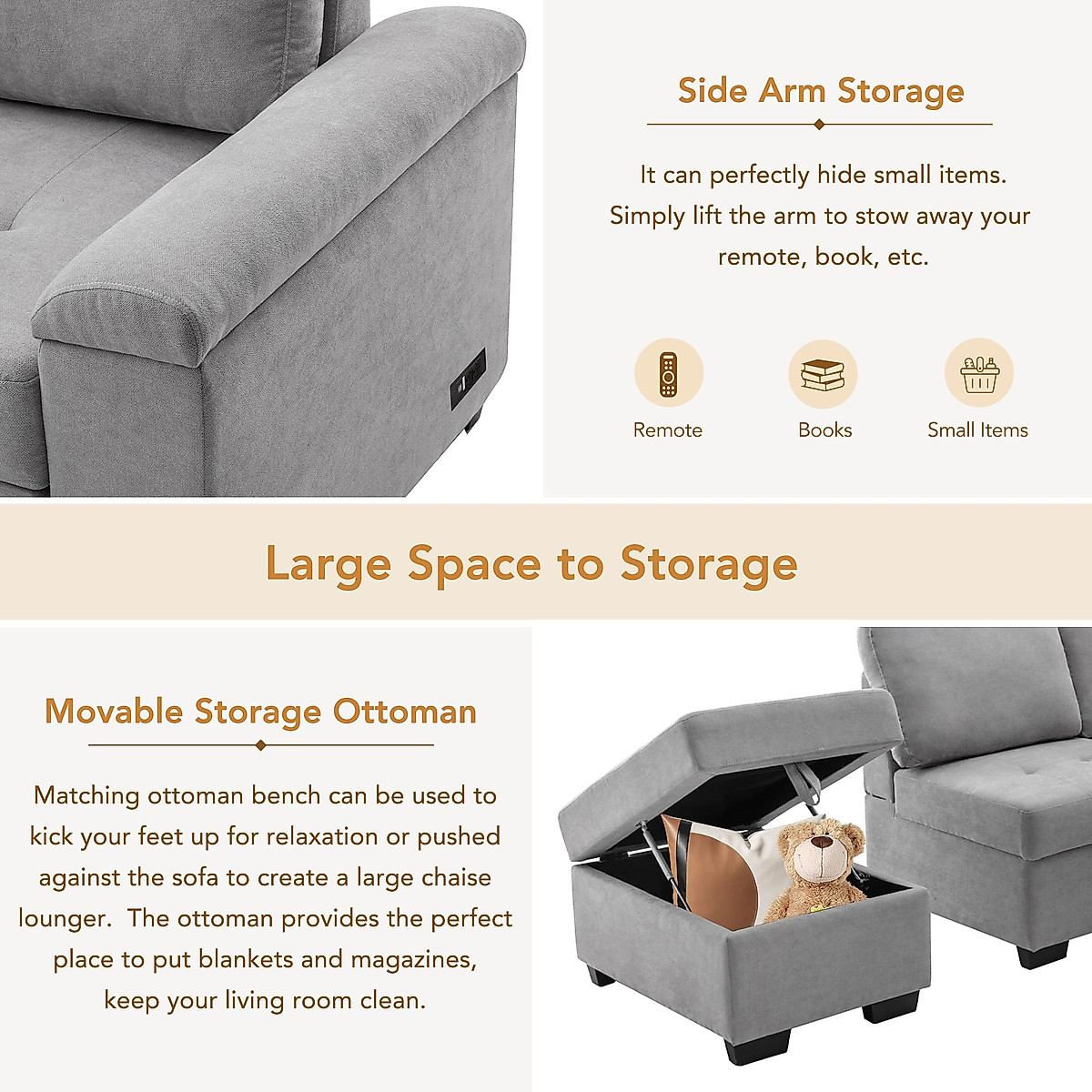 Ball & Cast 85" Sectional Sofa W/Movable Storage Ottoman,Velvet L-Shaped Corner Couch with Hidden Arm Storage & USB Charge,for Living Room,Bedroom,Gray