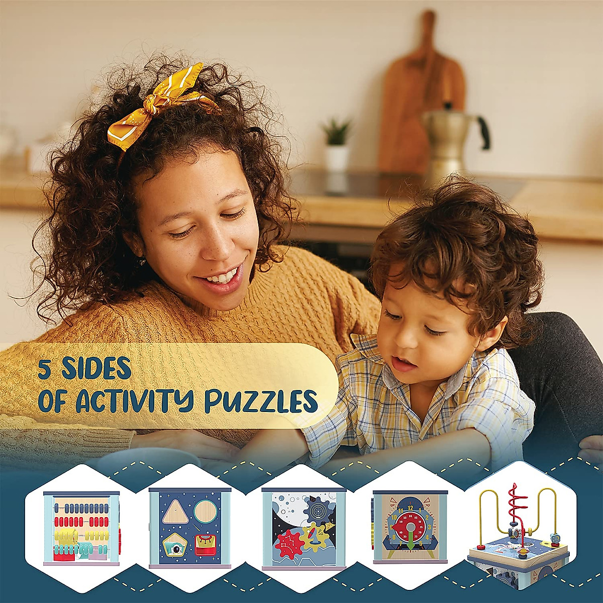 LEO & FRIENDS Benny Toddler Wooden Activity Cube, 6-Piece Educational Play Set and Puzzle | Baby Toy with Bead Maze for Boys and Girls | Endless Activity Options, Perfect Birthday Present