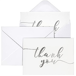 Sustainable Greetings 120 Pack Blank Thank You Cards with Envelopes, Silver Foil for Wedding, Bridal, Baby Shower, Graduation, Business (3.6 x 5 In)