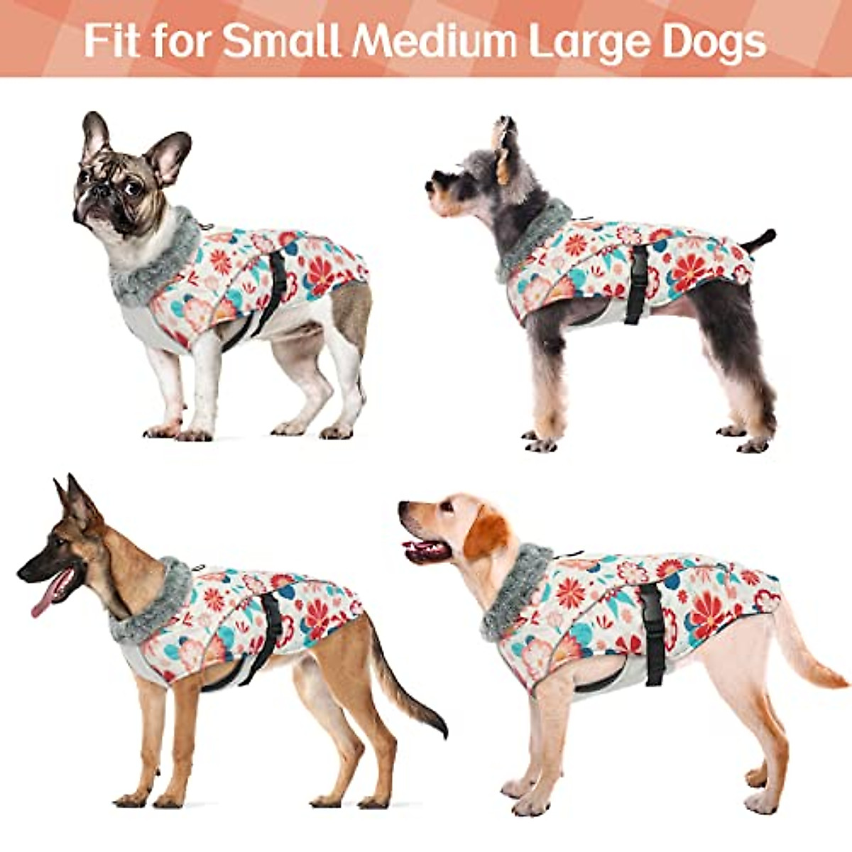 Kuoser Dog Coat, Warm Dog Jacket with Fur Collar, Turtleneck Dog Winter Coat Thicken Fleece Lining Pet Clothes, Reflective Dog Vest for Small Medium Large Dogs