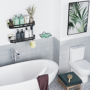 Fuprobys Shower Caddy 3 Pack - Large Shower Organizers & Soap Holder, Durable & Rustproof Shower Shelf, Wall Mounted Bathroom Shower Shelves, No Drilling Adhesive Shower Caddy with 4 Hooks, Black