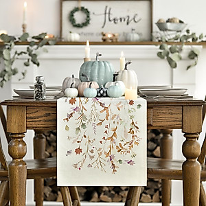 Artoid Mode Floral Leaves Fall Table Runner, Wild Flowers and Grasses Seasonal Autumn Kitchen Dining Table Decoration for Home Party Decor 13x72 Inch