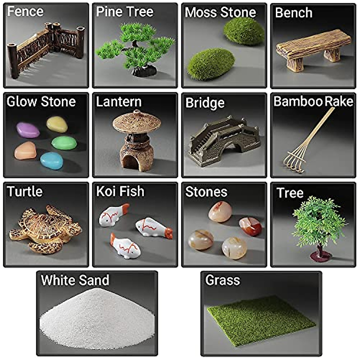 COCORO DIY Desktop Zen Garden for Desk and Office Accessories Includes Zen Garden Sand, Rocks, Rake, Moss Stones, Fishes, Lantern, Bridge, Bench, Baby Pine Tree, Pine Tree, and Turtle