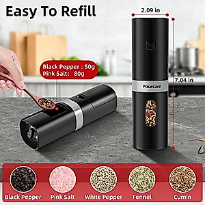 Pourcare Electric Salt and Pepper Grinder Mill Set,Adjustable Coarseness One-hand Automatic Operation,Charging Base Rechargeable Battery Powered with LED Light,Stainless Steel Black 2 Pack