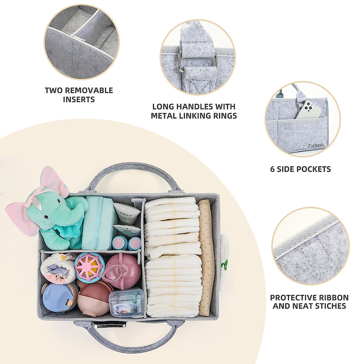 Zaflosh Baby Diaper Caddy Organizer, Large Size Diaper Organizer with Removable Dividers, Car Diaper Caddy, Baby Organizer for Changing Table, Nursery Storage Caddy for Baby Essentials