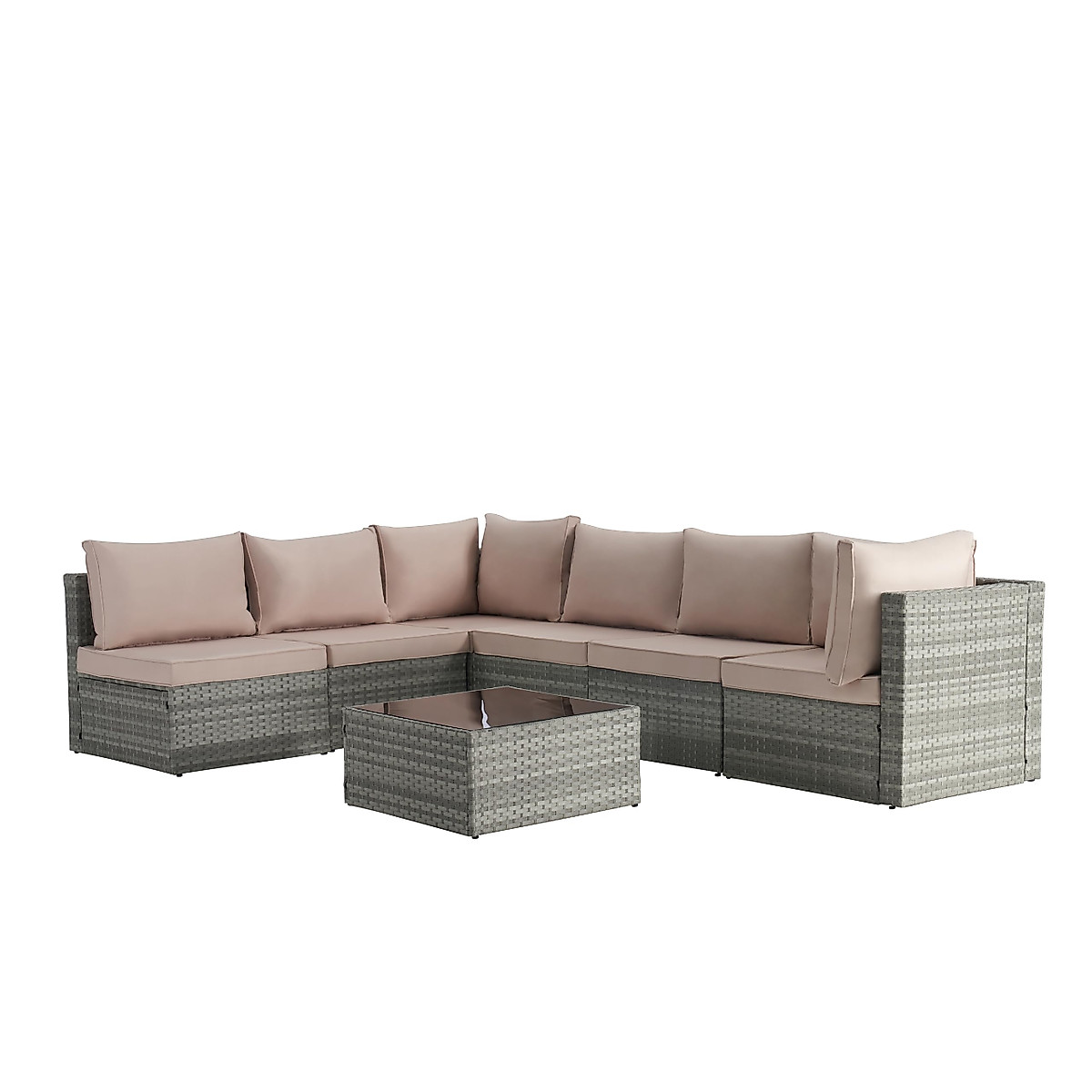 Voykuy 7-Piece Patio Sofa and Table Set - Hand Woven Rattan Outdoor Sofa Set Patio Conversation Set with Table & Cushions Porch Furniture for Garden, Poolside, Backyard, Patio, Backyard, Porch (Pink)