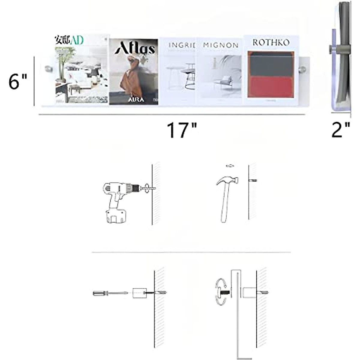 2-Pack Acrylic Magazine Holder Brochure Holder, 17" Record Holder Magazine Rack, Fashion Hanging Bookshelf Literature Storage Rack for Waiting Room, Living Room, Office, Clear 17 Inch