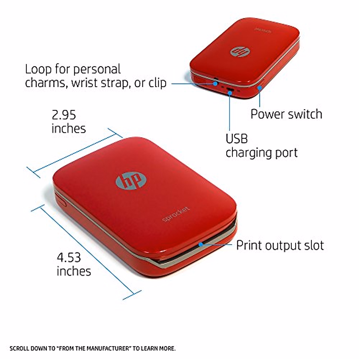 HP Sprocket Portable Photo Printer, Print Social Media Photos on 2x3" Sticky-Backed Paper - Red (Z3Z93A)