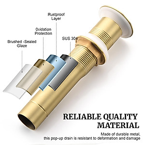 Pop up Sink Drain Stopper for Bathroom Vessel Vanity Sink Art Basin Brushed Gold, Small Cap Without Overflow, Metal Pop-up Drain Strainer with Detachable Basket Stopper