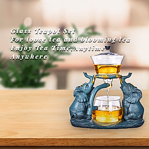 GODNOEI Elephant Glass Tea Set Lazy Kungfu Magnetic Water Diversion Creative Glass Teapot Semi Automatic Tea Maker Suit Kitchen Bar Supplies (6 tea cups)