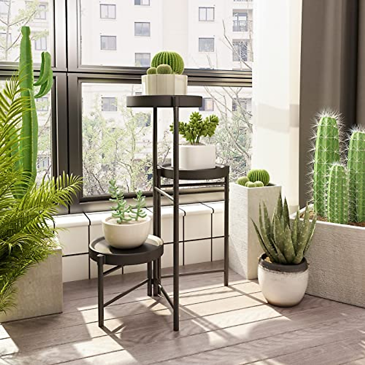 iDavosic.ly 3 Tiers Corner Plant Stand for Indoor Outdoor, Foldable Small Tiered Plants Holder Display Rack with 3 Trays, Flower Pot Tall Shelf for Living Room Balcony Garden Patio (Round, Black)