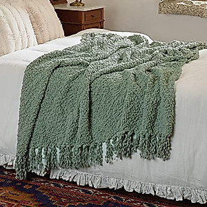 Amélie Home Textured Mulberry Woven Farmhouse Throw Blanket with Tassels Chunky Boho Knit Throw Blanket Room Decor (Sage Green, 50'' x 60'')