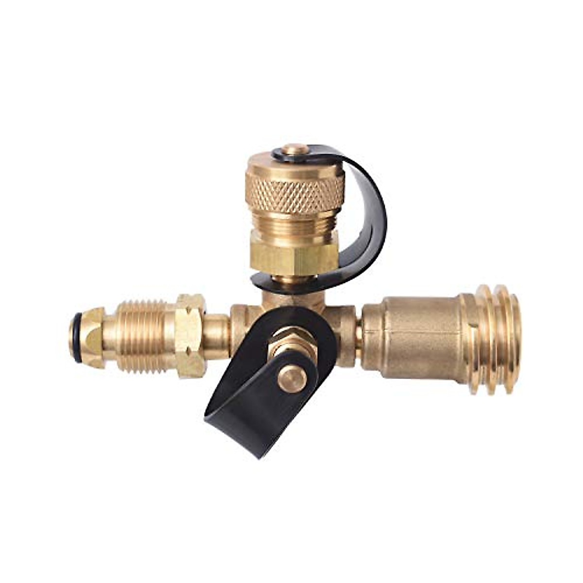 Flame King 4 Port Brass Tee Propane Adapter POL Inlet, 1/4 Inverted Female Flare Inlet, QCC Outlet, CGA600 Outlet (RV-COMBO1)
