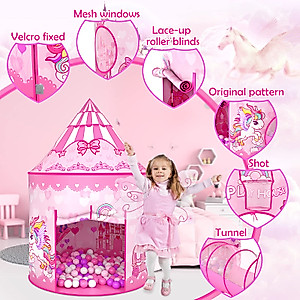 GeerWest 3PC Princess Tent for Girls with Kids Ball Pit and Crawl Tunnel for Toddlers, Pink Pop Up Playhouse Toys Indoor& Outdoor for Birthday Gifts