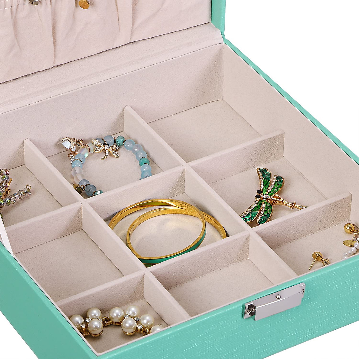 BEWISHOME Jewelry Box Gifts for Girls Women Jewelry Organizer Box 2 Layers Velvet Jewelry Boxes with Necklace Hooks, PU Leather Jewelry Storage Case for Rings, Earrings, Bracelets Cyan SSH71Q