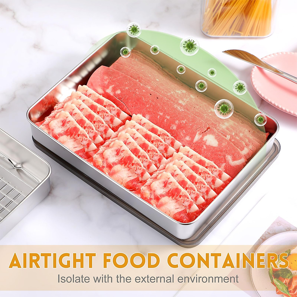 Maxcheck 2 Pack Bacon Container for Refrigerator 304 Stainless Steel Airtight Deli Meat Storage Containers Large Food Storage Containers with Lids and Elevated Base for Fridge