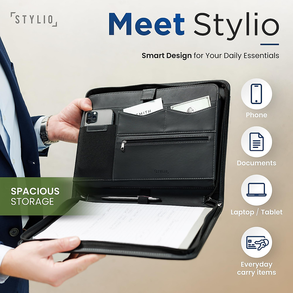 STYLIO Zippered Padfolio Portfolio Binder, Faux Leather Organizer. Interview Resume Document Holder. Organizer for iPad/Tablet (up to 10.5"), Phone & Business Cards. Data Case w/ Letter-Sized Notepad