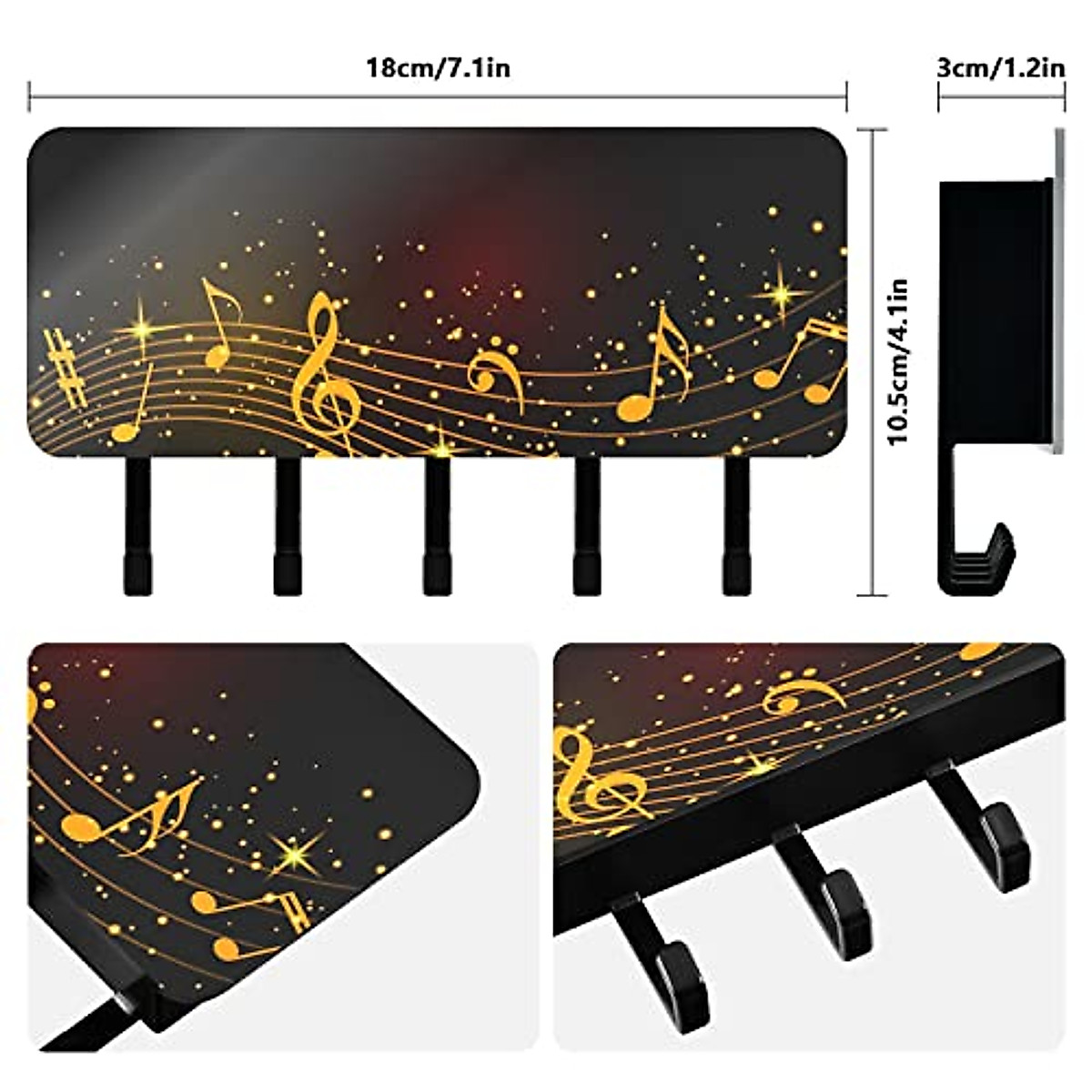 Musical Notes Key Holder for Wall Decorative Key Hanger Racks with 5 Hooks Easy Install Mail Holder for Wall Mount for Home Decor Hallway Kitchen Office Farmhouse