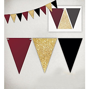 Graduation Party Decorations Maroon Gold 2024/Burgundy Gold Graduation Decorations/Maroon Black Birthday Party Decorations for Women/Burgundy Black Gold 2pcs Triangle Bunting Banners