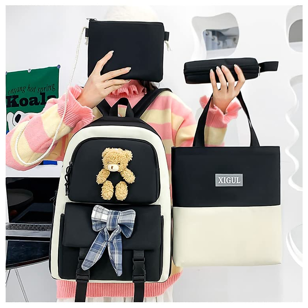 Lokkcy Kawaii Backpack 4Pcs Set with cute plush Pendants & Badge,Japanese School Bag and Backpack for Girls 10-12(Black)