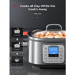 AMEGAT Slow Cooker 6 Quart, 10 in 1 Programmable Cooker, Rice Cooker, Sauté, Steamer & More, Stainless Steel Inner Pot, Steaming Rack & Glass Lid, Delay Start, Adjustable Temp & Time with LED Display