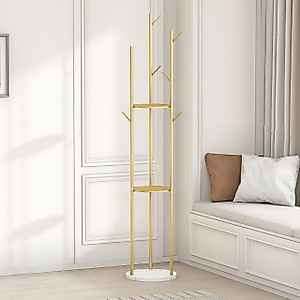 HKaikzo Gold Coat Rack Stand, Metal Coat Racks Tree Hanger Freestanding with 3 Storage Shelves and 9 High-grade Hooks and Stable Marble Base, for Jackets、Hat、Umbrella