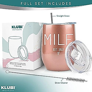 KLUBI New Mom Gifts 2023 MILF - 12oz Wine/Coffee Tumbler/Mug - Funny Gift Idea for First Time Mom, Women, Basket, Mommy, Pregnancy, Push, Baby Shower Gifts, Glass, Mom to Be, Mothers Day