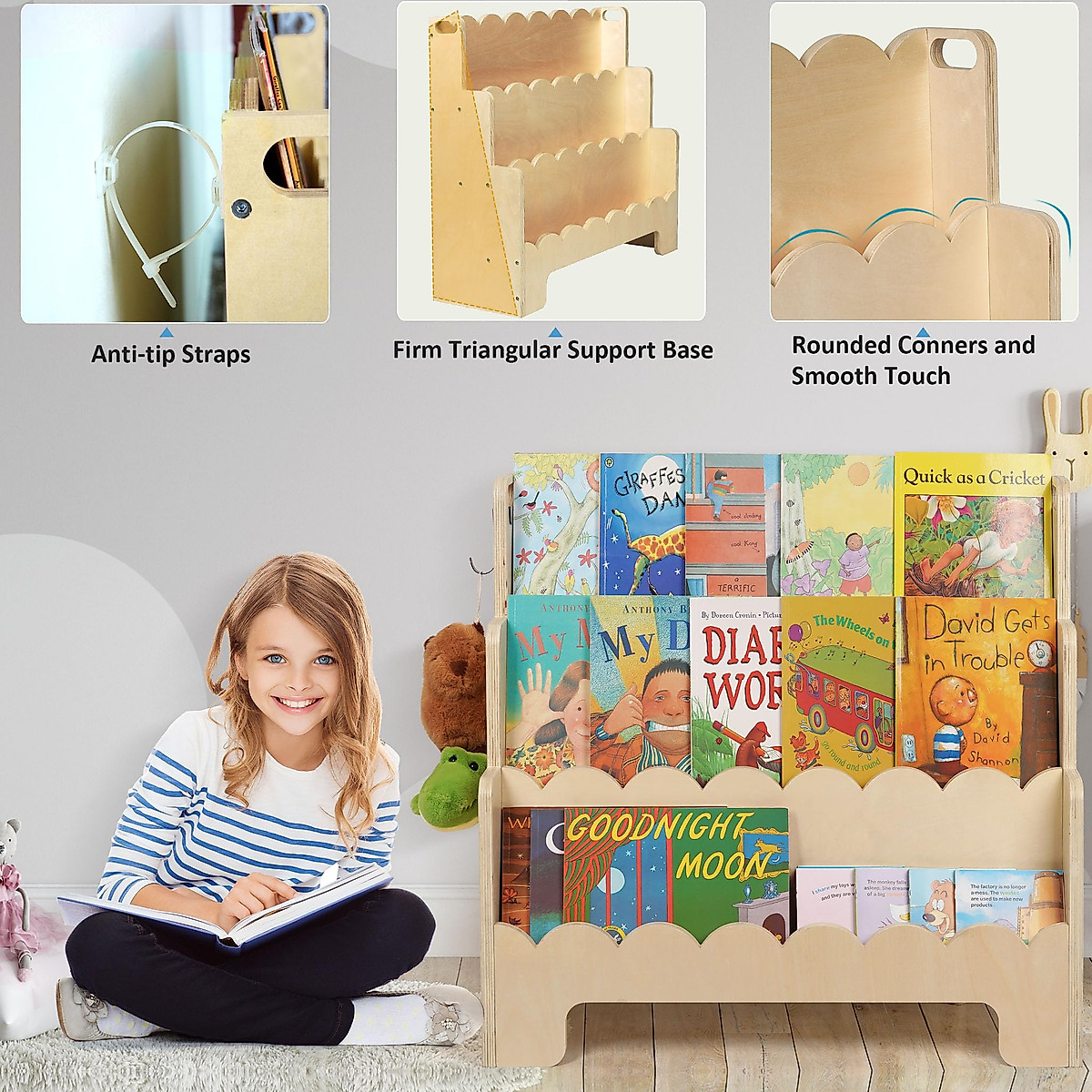 Tohiasen Kids Bookshelf Wooden 3-Tier, Scalloped Book Shelf for Kids Rooms, Front Facing Toddler Montessori Bookshelf, Baby Nursery Book Shelves Kids Classroom Bookshelf Bookcase