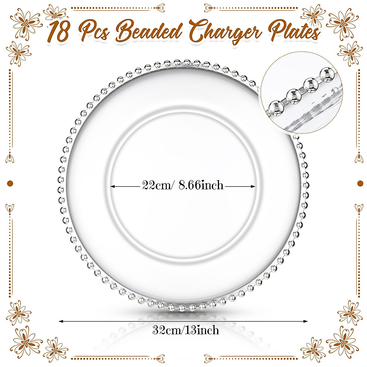 18 Pcs Plastic Beaded Charger Plates 13 Inch Round Dinner Chargers Silver Bead Charger for Dinner Plates Clear Service Plates for Wedding Birthday Party Events Bridal Shower Dinner Tabletop Decoration