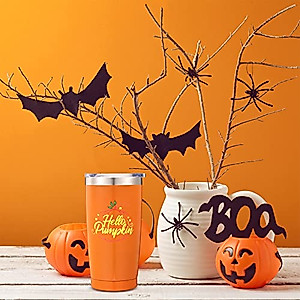 Hello Pumpkin Mug Travel Tumbler, Novelty Pumpkin Mug for Halloween Thanksgiving Harvest Festival, Cute Autumn Kitchen Decor, 20 oz Vacuum Insulated Mug Tumbler with Straw Lid and Brush