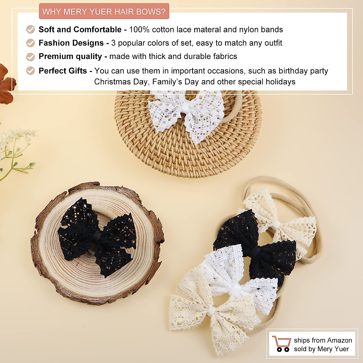 Mery Yuer Baby Girls Lace Headbands Hair Bows Nylon Hairbands for Newborn Infant Toddlers and kids